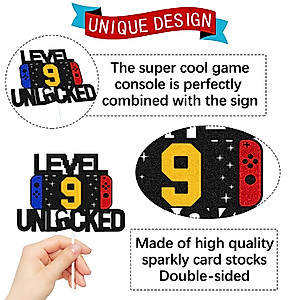 Level 9th Unlocked Sign Cake Topper Happy 9th Birthday Level Up Tenth Cake Decorations for Video Game Controller Themed Kids Boy Girl Bday Party Supplies Double Sided