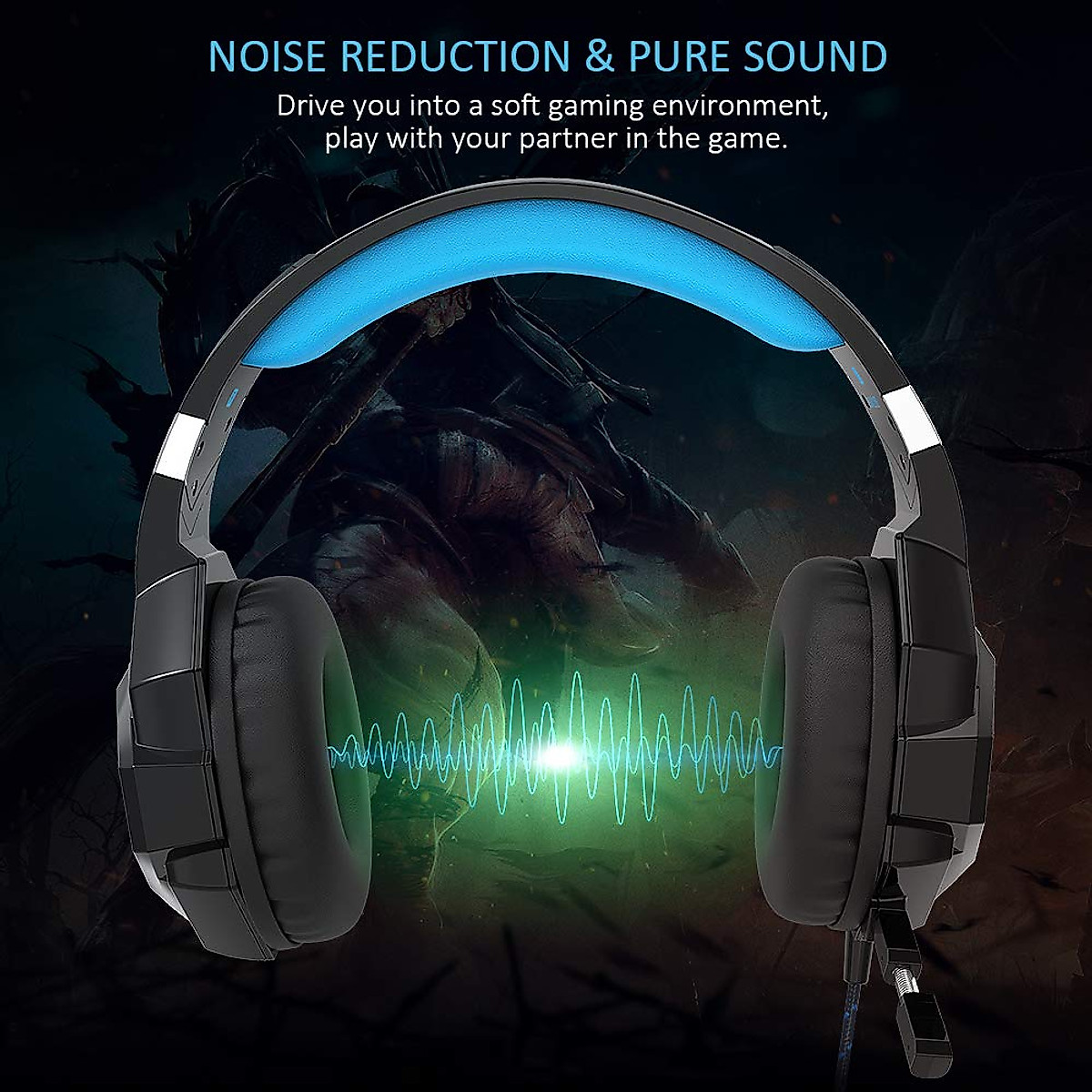 Gaming Headset - Chououkiu Headset Gaming Headphone for Xbox One, PS4, PC, Surround Sound Over Ear Headphones with Noise Cancelling Mic, LED Light Bass Surround Soft Memory Earmuffs (Blue)