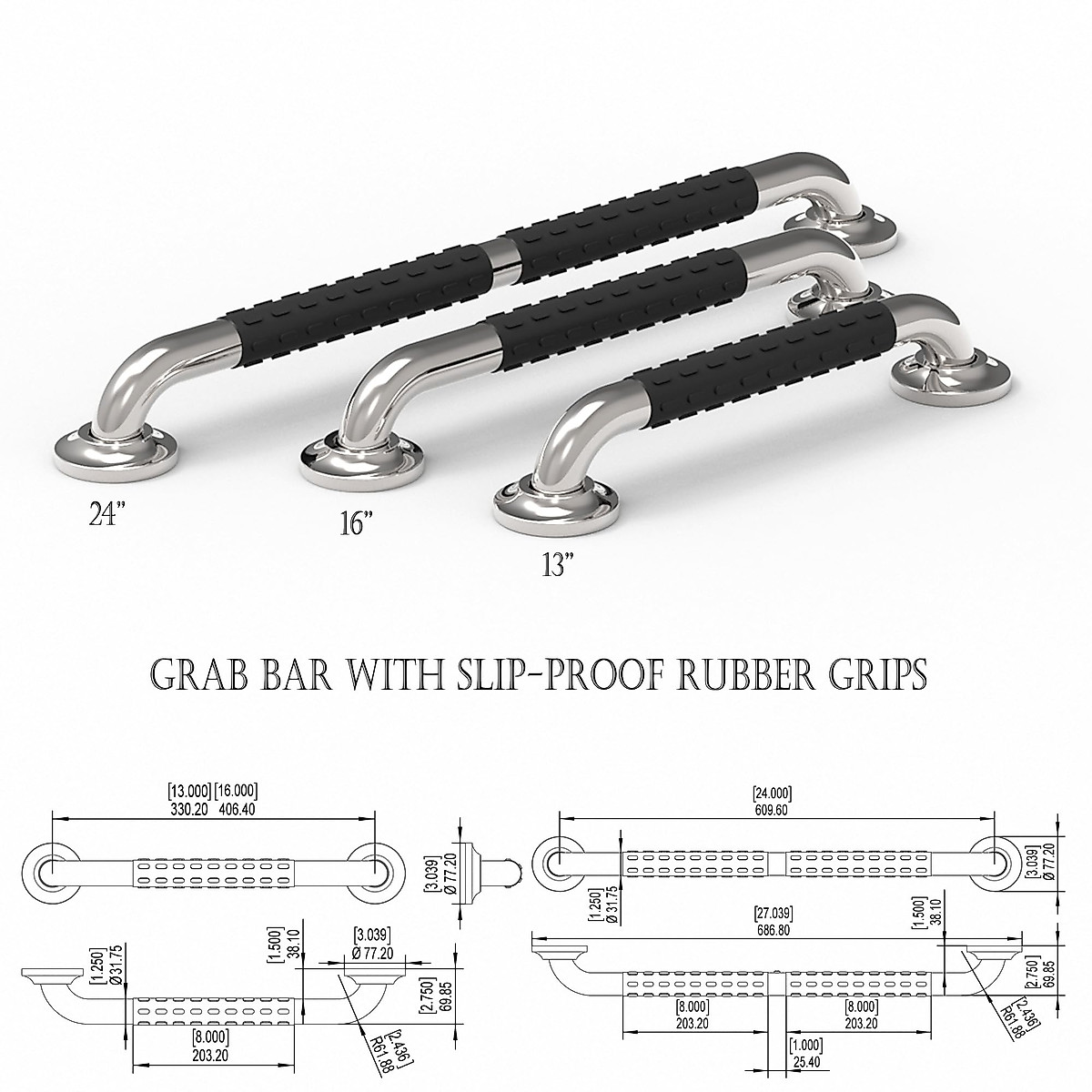 AquaChase 1-1/4 Grab Bar with Rubber Grip, ADA Compliant Bath Safety Shower Handrail, Bathroom Mobility Aid Handle for Seniors and Disabled, Heavy Duty 500lbs Support (16in, Chrome with Rubber)