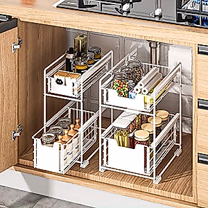 Moxeay Metal Basket Organizer 2-Tier Under Sink Cabinet Organizer with Sliding Storage Drawer, Stackable Basket Rack for Kitchen & Bathroom