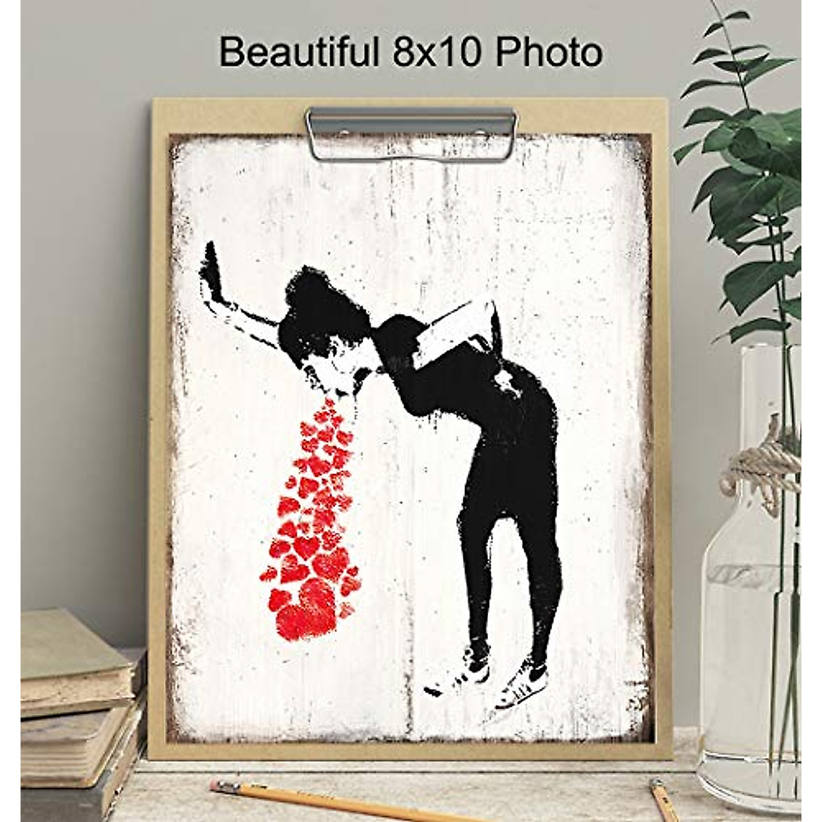 Banksy Wall Art - Love Sick Graffiti Art - Sign Plaque Photo Print - Funny Gift for Urban Street Art Mural Fans - Cool Unique Original Room or Home Decor, Wall Decoration Poster - 8x10 Unframed