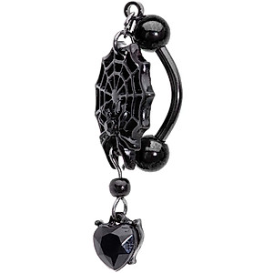 Body Candy Black Plated Steel Navel Ring Piercing Black Heart Spiderweb Reversible Dangle Belly Button Ring