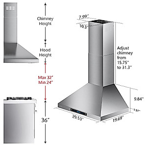HisoHu Wall Mount Range Hood 30 Inch,Ductless/Ducted Convertible, 780 CFM Kitchen Vent Hood, Aluminum Mesh Filter,4 Speed Gesture Sensing&Touch Control Panel, Stainless Steel Kitchen Vent