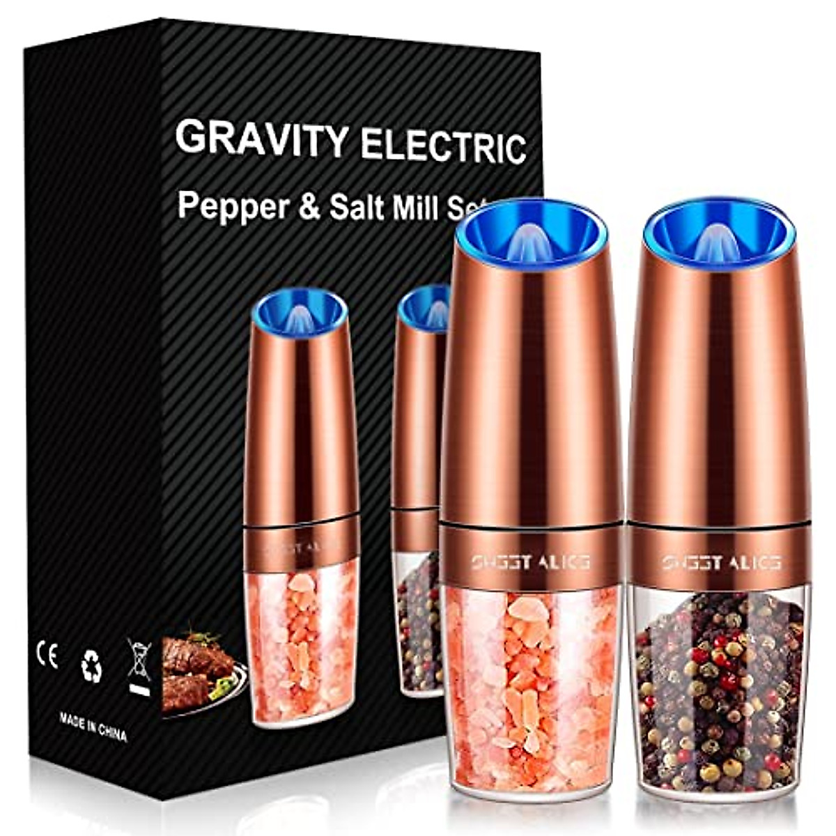 Gravity Electric Pepper and Salt Grinder Set, Adjustable Coarseness, Battery Powered with LED Light, One Hand Automatic Operation, Stainless Steel Copper, 2 Pack