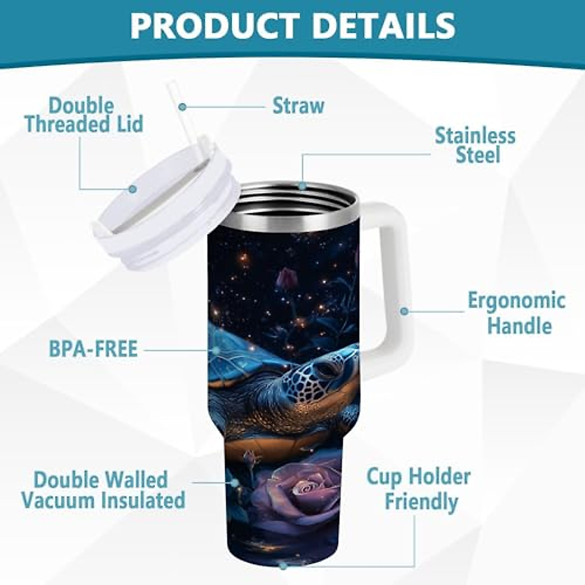 Slewiaeky Tumbler with Handle 40 oz Tortoise Turtle Skinny Travel Mug with Lid and Straw Ocean Stainless Steel Vacuum Insulated Water Bottle Cup for Iced Tea Coffee Cold Beverages Cup Holder Friendly