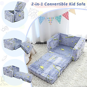 DILIMI Kids Couch, 2-in-1 Toddler Couch Sofa with Blanket, Comfy Toddler Chair Kids Sofa for Boys Girls, Convertible Sofa Bed to Lounger, Glow in The Dark 1 Seat, Astronaut