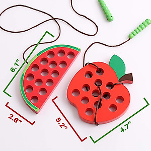 KLT Lacing Toy for Toddlers, Wooden Threading Toys, 1 Apple and 1 Watermelon with Bag, Educational and Learning Montessori Activity for Baby and Kids, Great Car and Plane Puzzle Travel Games