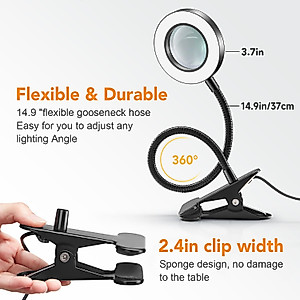 Magnifying Glass with Light 5X, 9w Clip on Light, 48 LED Desk Lamp wtih Clamp Light, 3 Modes Dimmable Magnifying Lamp, LED Desk Light, Clamp Lamp, Clip on Lamps for Bed Desk Work Crafts Workbench