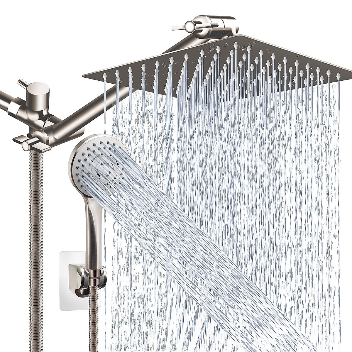 Shower Head Combo(Brushed Nickel),10'' High Pressure Rain Shower Head with 11'' Adjustable Extension Arm and 5 Settings Handheld,Powerful Shower Spray Against Low Pressure Water