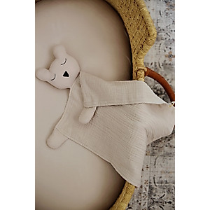 Marlowe & Co Organic Cotton Muslin Bear Lovey Blanket, Organic Cotton Muslin Bear Security Blanket (Natural Sand)