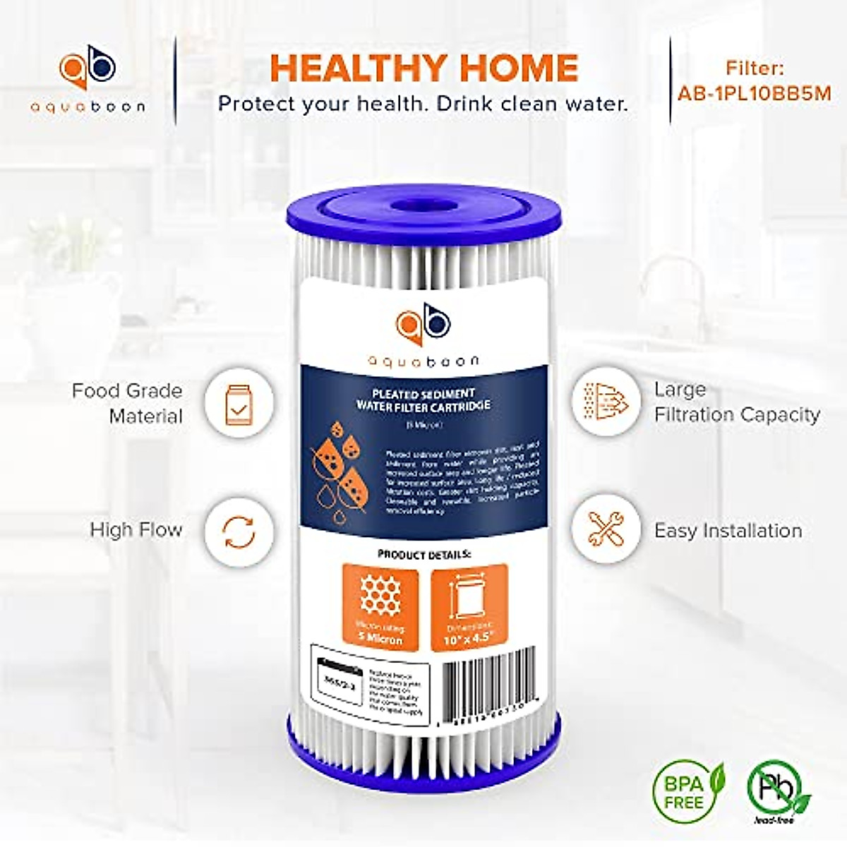 Aquaboon 5 Micron 10" x 4.5" Pleated Sediment Water Filter Replacement Cartridge | Whole House Sediment Filtration | Compatible with FXHSC, ECP5-BB, FM-BB-10-5, CP5-BBS, 255490-43, HDC3001, 1-Pack