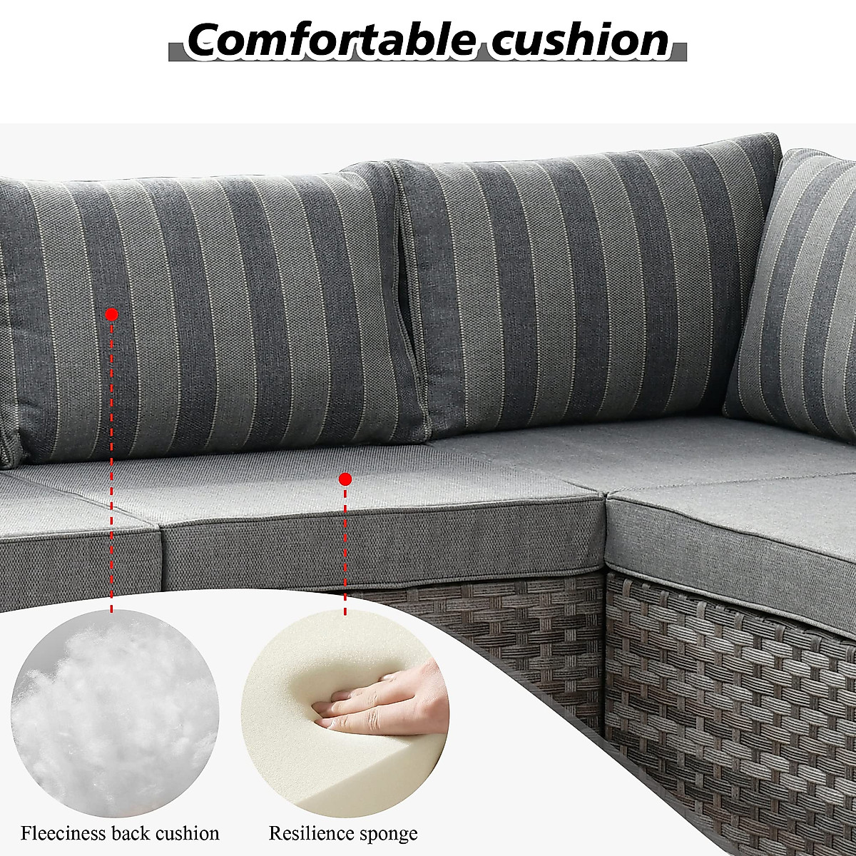 HOOOWOOO Outdoor Patio Sectional Furniture Sofa Set with Propane Fire Pit Table,13 Piece Large Modern Wicker Couch with Widened Armrest,Modular L Shaped Conversation Seating Set(Grey Strip)