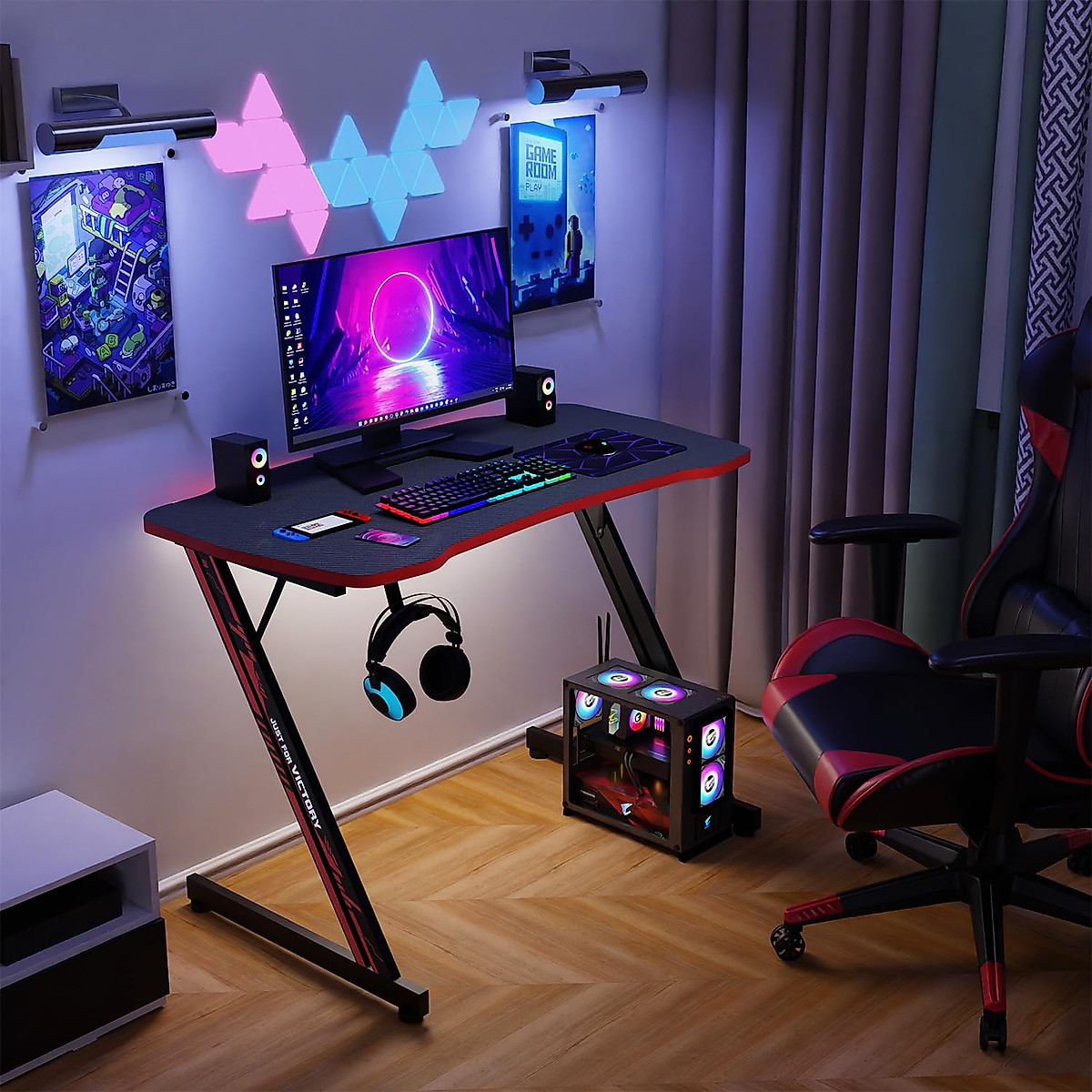 Ruesleag 39 Inch Gaming Desk Ergonomic Home Office Desk Z-Shaped Computer Desk PC Workstation Modern Simple Study Table w/Headphone Hook Adjustable Leveling Foot Spacious Desktop,(Red)
