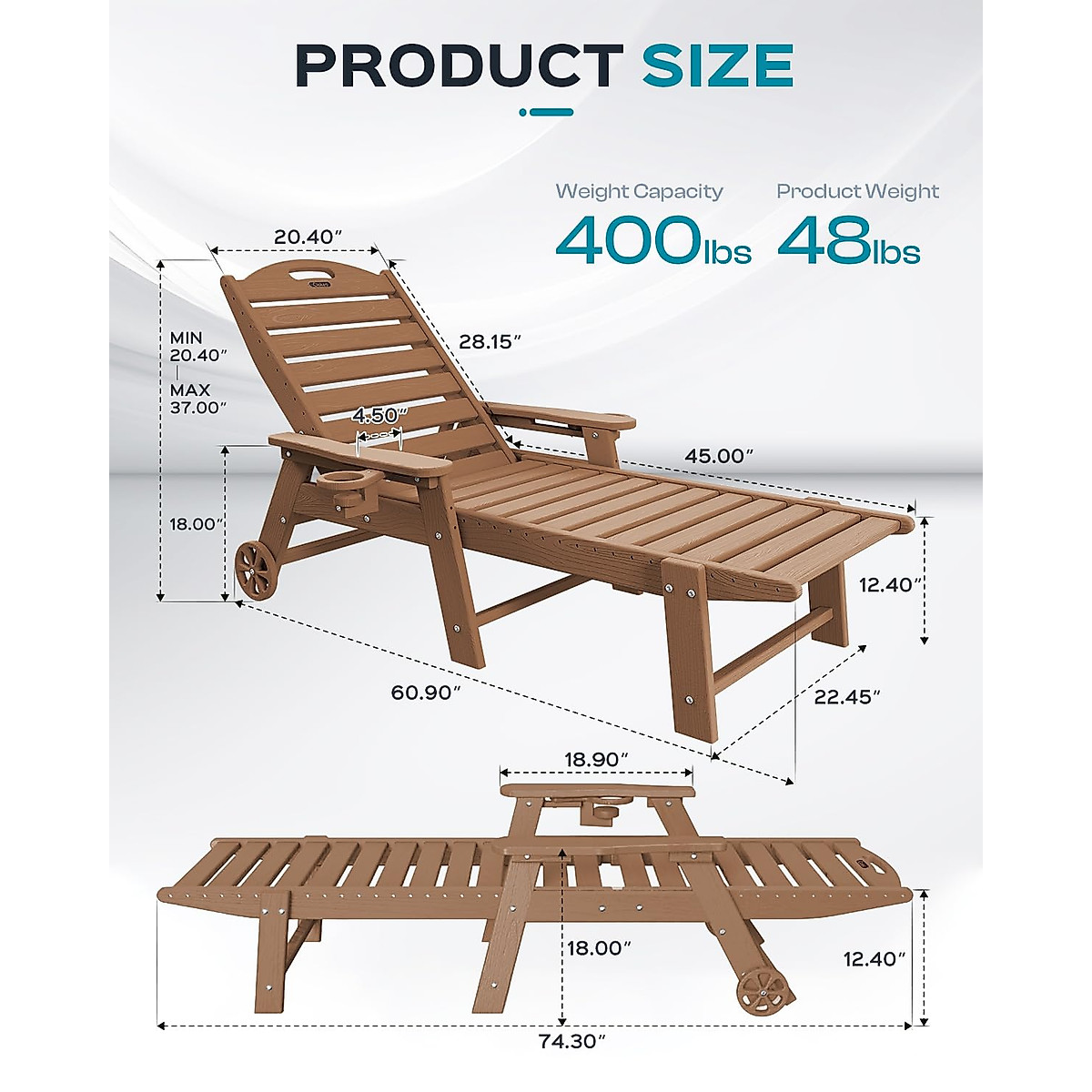Lounge Chair Outdoor, Oversized Chaise Lounge Chair with 5 Positions, HDPE, Patio Lounge Chair with Wheels & Cup Holder for Pool, Deck, Poolside, Teak