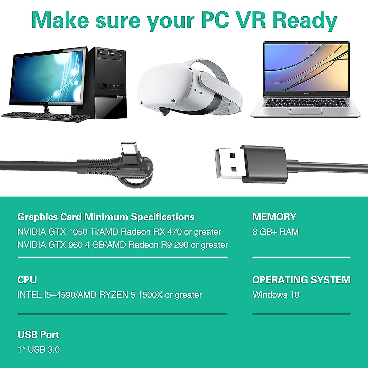 SEVENKA Long Link Cable for Quest 3/2/Quest, 16.4ft/5m USB C 3.2 Gen1 Cable for PC Gaming & VR Headset, Fast Charging & High Speed Data Transfer 90 Degree Type C to USB A Cable Fast Charger Cord