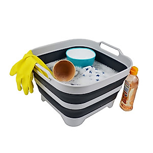 SAMMART 10L (2.64 Gallon) Collapsible Dishpan with Draining Plug - Foldable Washing Basin - Portable Dish Washing Tub - Space Saving Kitchen Storage Tray (Grey/Slate Grey)