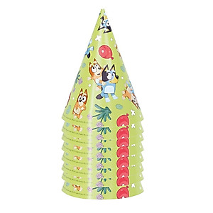 Unique Bluey Birthday Party Supplies Bundle includes 24 Party Hats and 1 Dinosaur Sticker Sheet