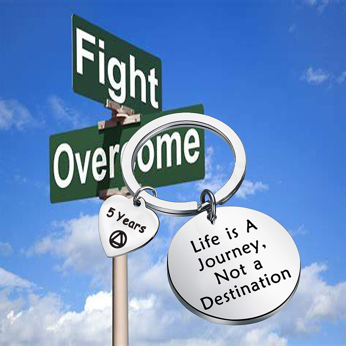 BEKECH Sober Gift Sobriety Anniversary Keychain Life is A Journey Not A Destination 1 Month 6 Months 1 Year 2 Years 3 Year AA Yearly Recovery Jewelry Gift for Women Men (silver 5years)