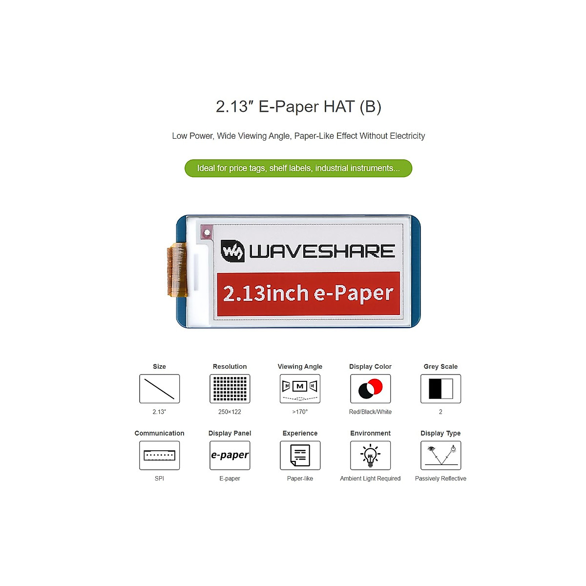 Three Color 2.13inch E-Ink Display HAT (B), 212x104 Resolution 3.3V/5V Red Black White E-Paper Display Screen for Raspberry Zero/Zero W/Zero WH/2B/3B/3B+ SPI Interface,Full Refresh