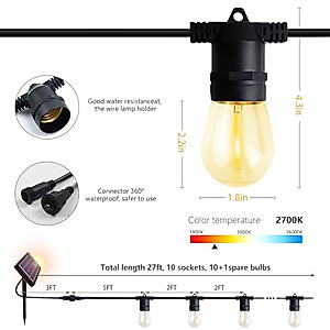 Guntsous Solar String Lights Outdoor: 29FT (11+18) Solar Powered Outside IP65 Waterproof Hanging Warm White Led 10*S14 Edison Bulbs for Patio Garden Pool Yard Porch Gazebo Decorations