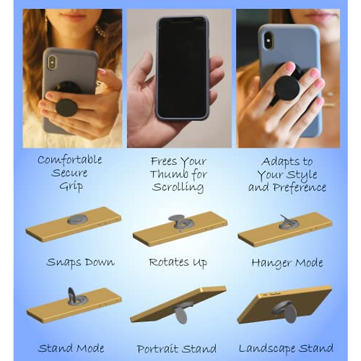 Phone-Gizmos ZGrip – The Ergonomic Phone Grip with Full Features and Grip in Black, with Art Top in Black