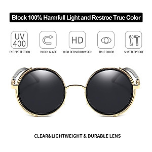 Dollger Steampunk Vintage Retro Round Sunglasses Metal Circle Frame (Black Lens+Gold Frame,100% UV Protection Lens)
