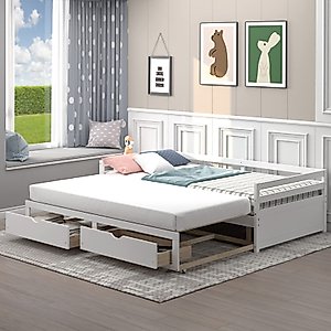 Giantex Wood Daybed with Trundle, Twin to King Extendable Daybed with 2 Storage Drawers, Dual-use Modern Day Bed for Teens, Adults, Bedroom, Guest Room, No Box Spring Required, White