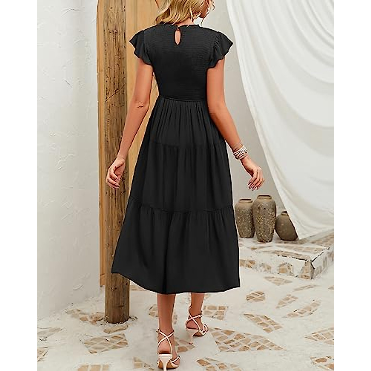 Holipick Women's Summer Casual Dress Short Sleeves Crew Neck Smocked High Waist Tiered A-Line Midi Dress M Black