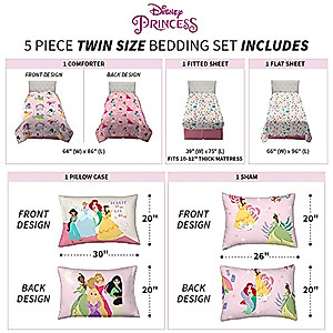 Franco Kids Bedding Super Soft Comforter and Sheet Set with Sham, 5 Piece Twin Size, Disney Princess