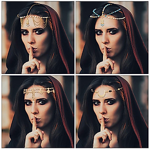 LOYALLOOK 6PCS Gold Head Chain Jewelry Boho Headband Head Chain Coins Crystal Moon Tassel Chain Hair Band Bridal Wedding Halloween Hair Headpiece for Women A