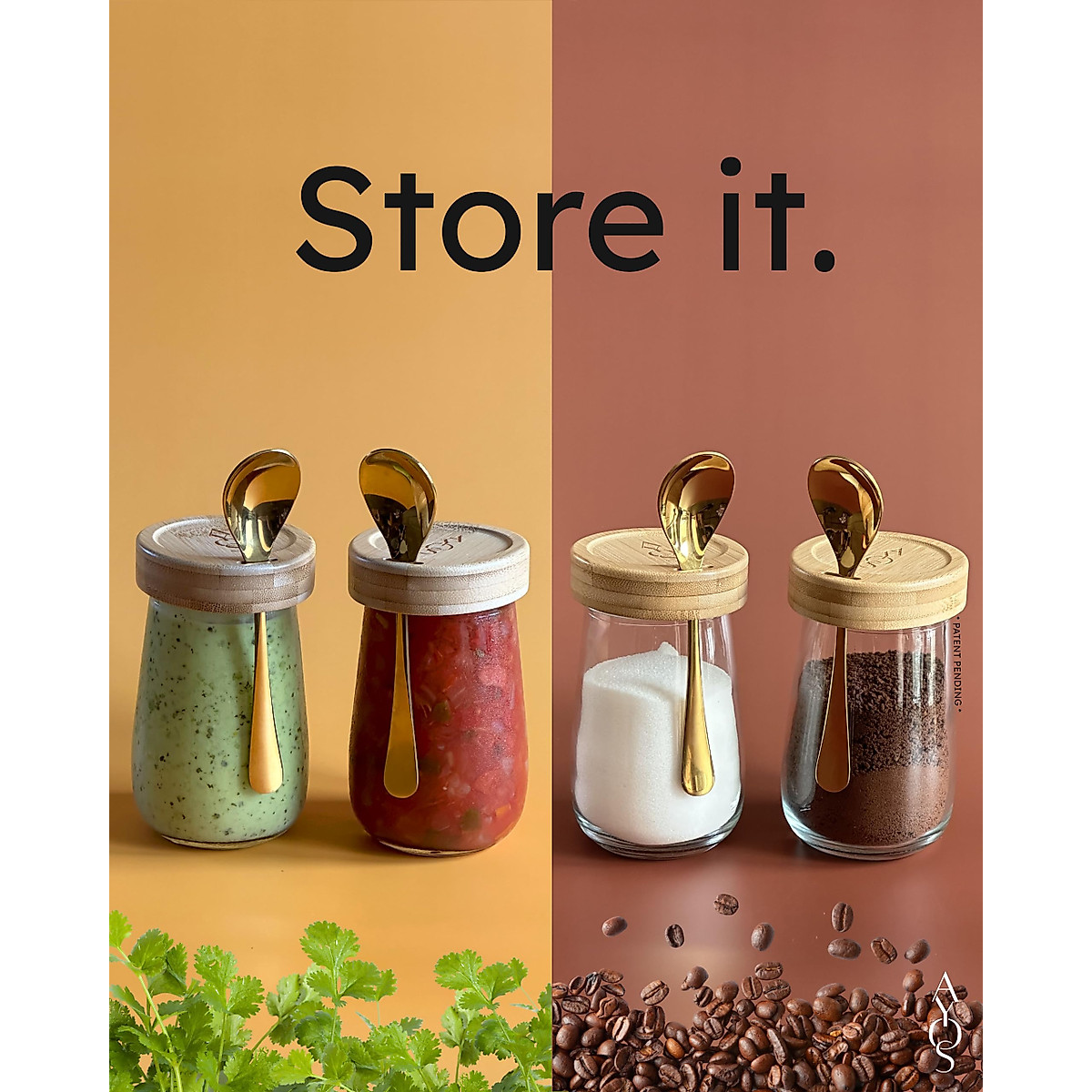 AYOS Premium Overnight Oats Containers with Bamboo Lids and Golden Spoons - 16 oz Glass Jars - 4 pack - Plastic Free