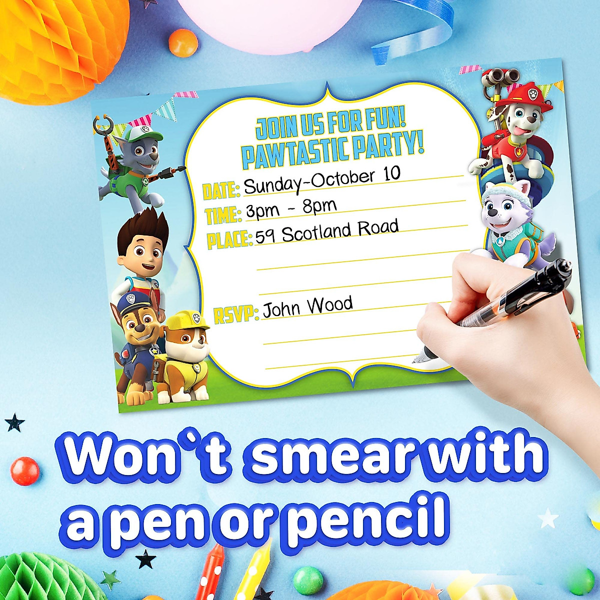 30x Paw P Birthday Invitations and Envelopes – Fill-in Happy Birthday Party Invitations for Kids, 6X4 Inches, Postcard Style