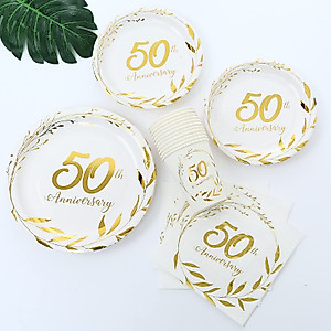 MaitianGuyou 50th Anniversary Decorations Tableware Set,Wedding Party Supplies Golden Paper Plates Cups Napkins Fifty Anniversary Party Decorations 50th Brithday Party Decorations-Serves 16