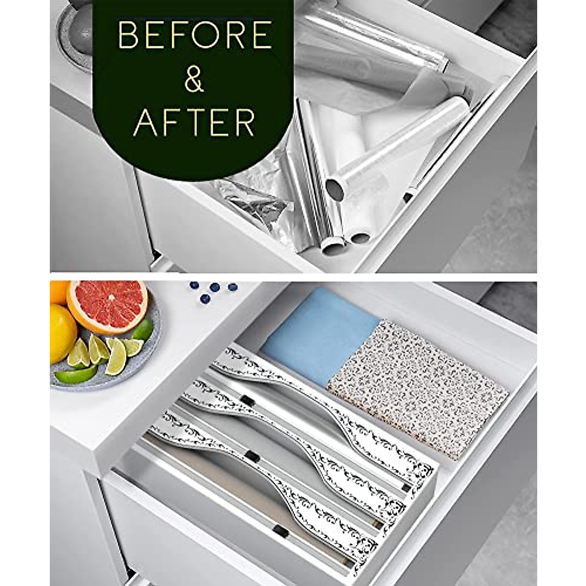 Extra Long Foil and Plastic Wrap Organizer for 15" Rolls, 3 in 1 Plastic Wrap Dispenser with Cutter, Aluminum Foil Organization And Storage, Parchment, Wax Paper Dispenser for Drawer