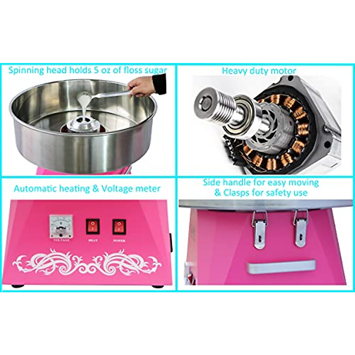 ANFIRE Commercial Electric Cotton Candy Machine Pink Candy Floss Maker for Kits or Party - Includes 10 Cones & Scoop