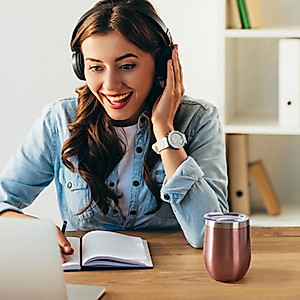 FristChoice 12 oz Insulated Wine Tumbler with Lid and Straw,Stainless Steel Stemless Wine Tumbler Glasses Double Wall Vacuum Wine Cups Tumbler for Coffee,Champaign,Cocktail (Rose Gold,1)