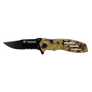 Smith & Wesson Extreme Ops SWA24S S.S. Folding , Tactical Knife with 3.1in Serrated Clip Point Blade, Aluminum Handle for Survival , Hunting Knife as Pocket Knife for Men Camouflage