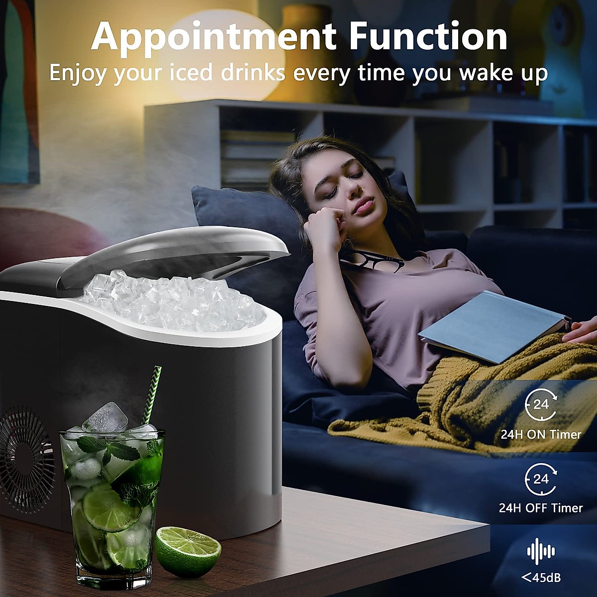Ice Maker Machine for Countertop - Portable Ice Cube Maker delivers 24 Ice Cubes in 15 Min, 33Lbs/24H, Self-Cleaning, Ice Scoop & Basket, LCD Display, Visible Window, for Home Use/Party/Camping, Black