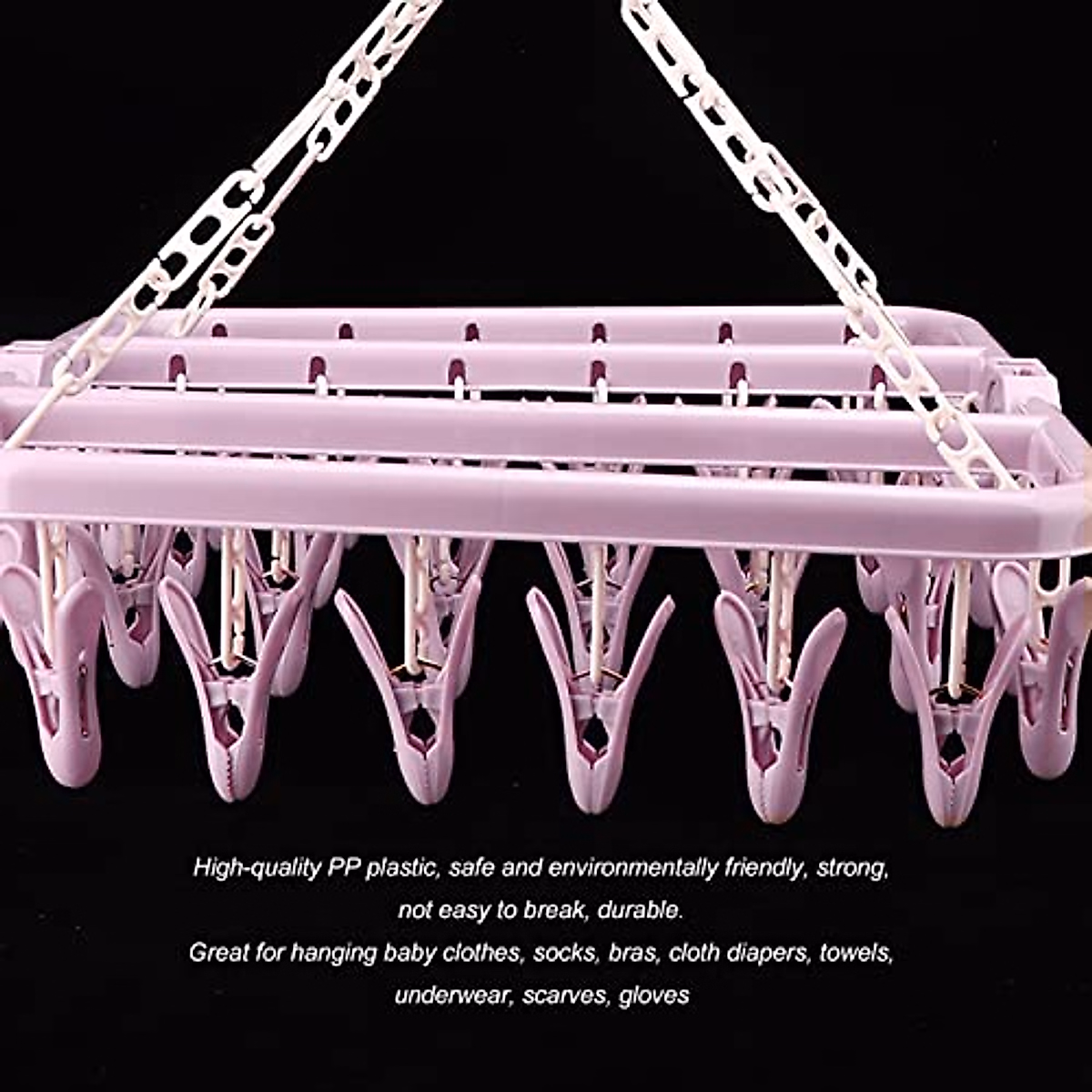 LOCKISH Foldable Laundry Hanger with 32 Clips，Sock Hanger Drying Rack,Laundry Clothespin Drying Rack for Socks Underwear Bras Scarf(Pink)