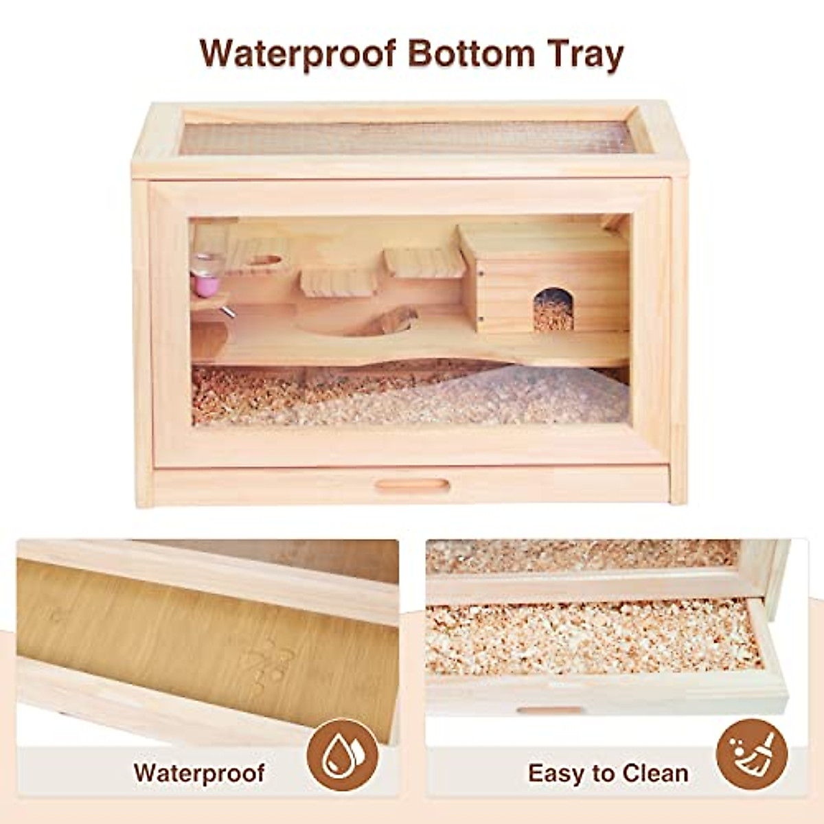 Kaiyopop Hamster Cage Large Wooden Hamster Cages and Habitats, Natural Wooden Hamster House (23.6" L X 15.7" W X 15.7”H) Acrylic Hamster Cage Small Animal Habitat for Rabbits, Guinea Pig, Chinchilla