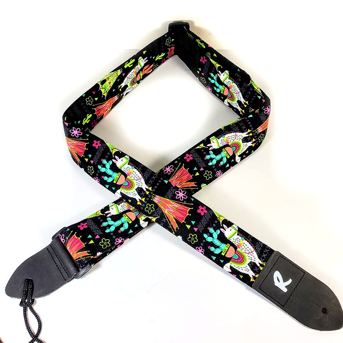 Llama Guitar Strap -Cactus, Genuine Leather Ends, Includes 2 Strap Locks & 1 Pick. Adjustable Strap, For Bass, Electric & Acoustic Guitars Gift for Guitar Players Men, Women & Kids