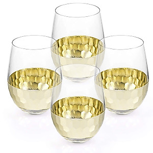 MyGift 18 oz Stemless Wine Glasses Set of 4 with Gold-Tone Hammered Design
