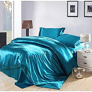 Cotton Home Depot Satin 9 PCS Comforter Set(Comforter + Duvet Cover + Flat Sheet + Fitted Sheet 21" Deep Pocket + Bedskirt + 4 Pillow Cases ) Bedding Set Turquoise Blue,California King