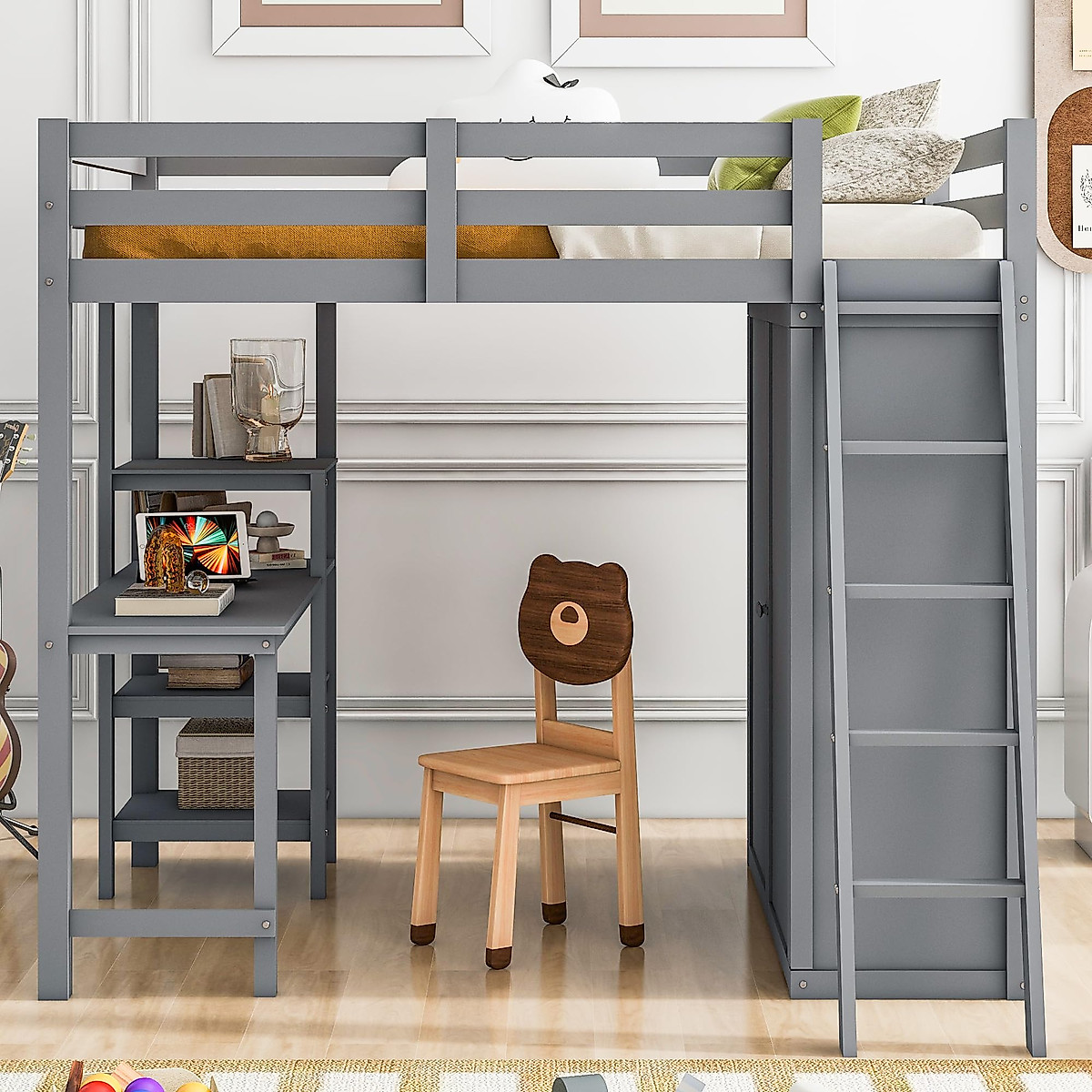 LostCat Full Size Loft Bed with Desk, Loft Bed with Wardrobes and Desk, Solid Wood Loft Bed Frame with Storage and Ladder for Teens Adults Girls Boys, No Box Spring Needed, Grey