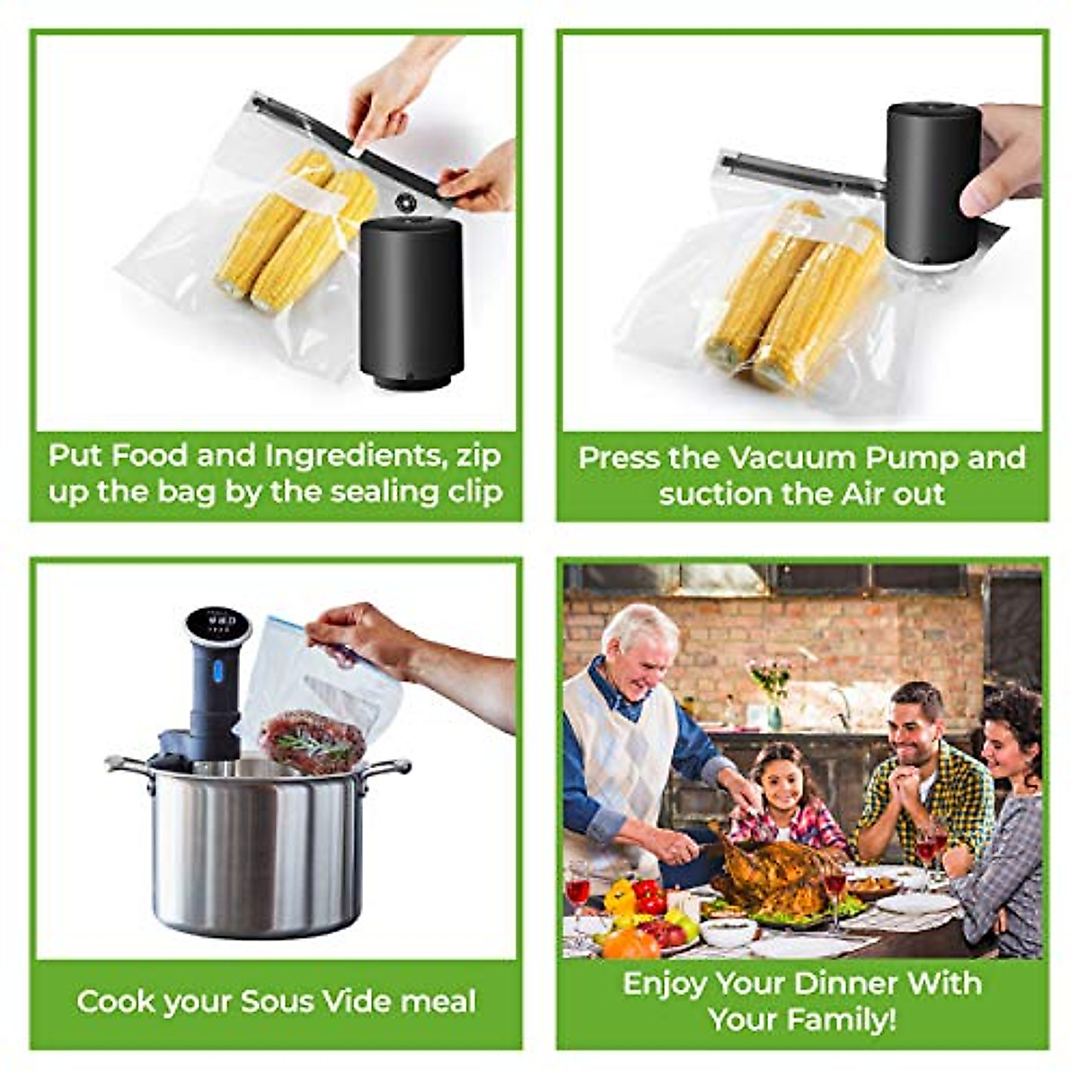 Sous Vide Bags 56 PCS Vacuum Save Sealer - 35 Reusable Vacuum Food Storage Bags for Anova and Joule Cookers - 3 sizes Sous Vide Bag Kit with Pump - 4 Sealing Clips - 4 Sous Vide Bag Clips with Handheld Food Vacuum Sealer