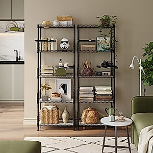 LINSY HOME 5-Tier Storage Shelves with 2 Rotatable Shelves, Height Adjustable Metal Pantry Shelves with 5 Hooks and Shelf Liners, Heavy Duty Metal Shelving, Wire Shelving for Kitchen, Bathroom -Dark