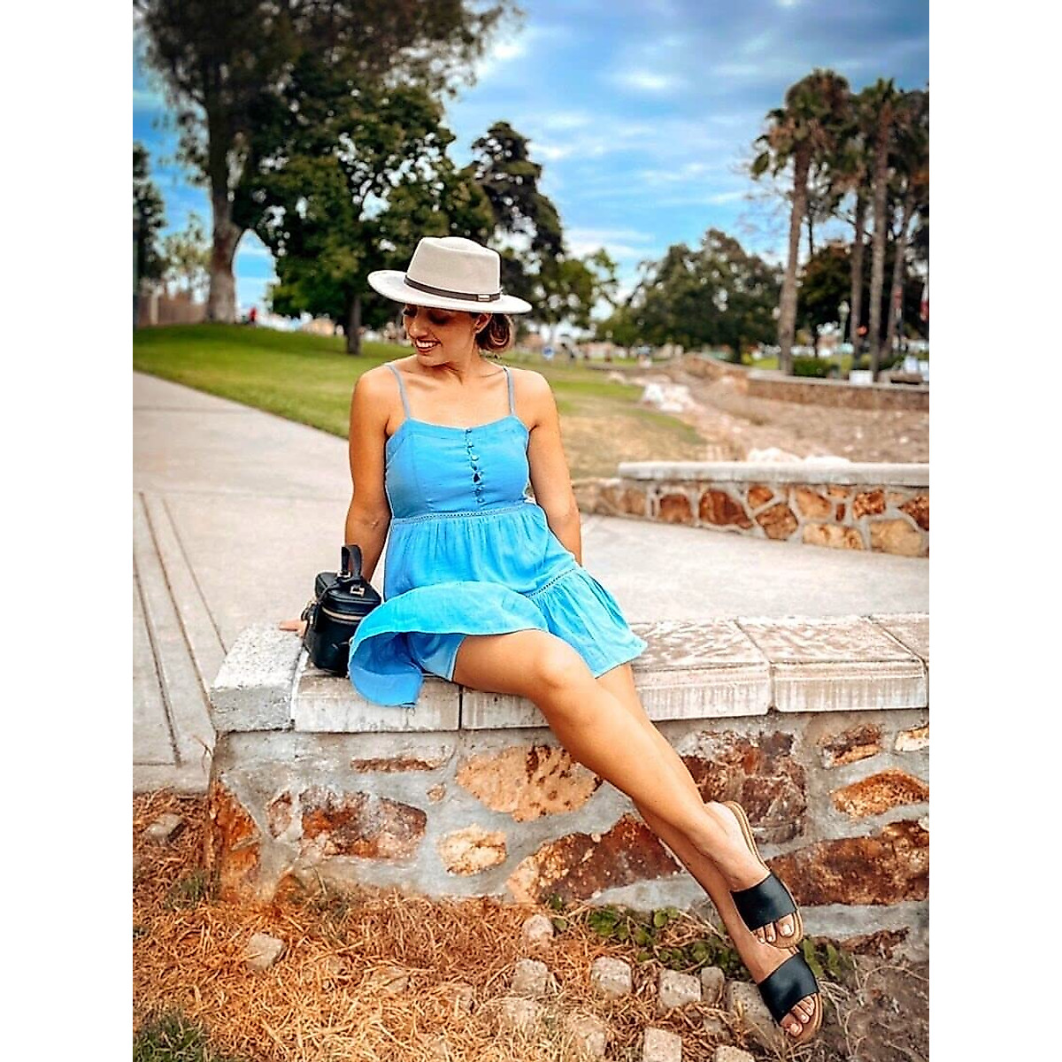 Lanzom Women Vintage Wide Brim Warm Wool Fedora Hat Belt Panama Hat Felt Jazz Hat (A-Black, Medium)