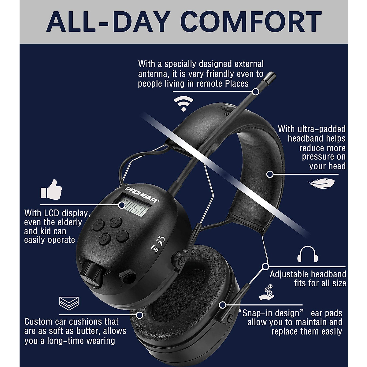 PROHEAR 033 Upgraded Bluetooth 5.3 Hearing Protection Headphones with FM/AM Radio - 25dB NRR Safety Earmuffs, Rechargeable, 48H Playtime for Mowing, Workshops, and Snowblowing - Black