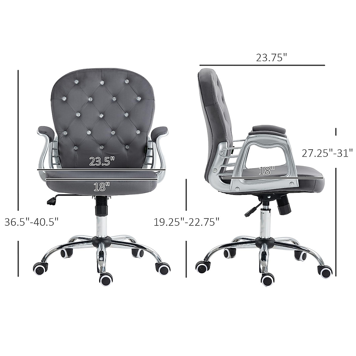 Vinsetto Velvet Home Office Chair, Button Tufted Desk Chair with Padded Armrests, Adjustable Height and Swivel Wheels, Dark Gray