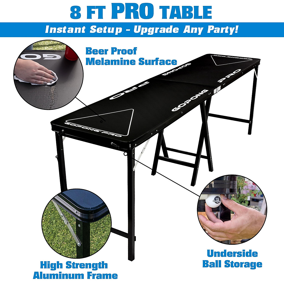 GoPong PRO 8 Foot Premium Beer Pong Table - heavy-duty (Black, 36-Inch Tall)